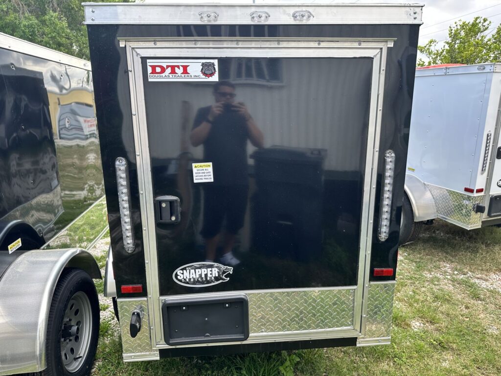 Douglas Trailers 4×8 SA Trailer – Black, Rear Swing Door – Snapper Trailers