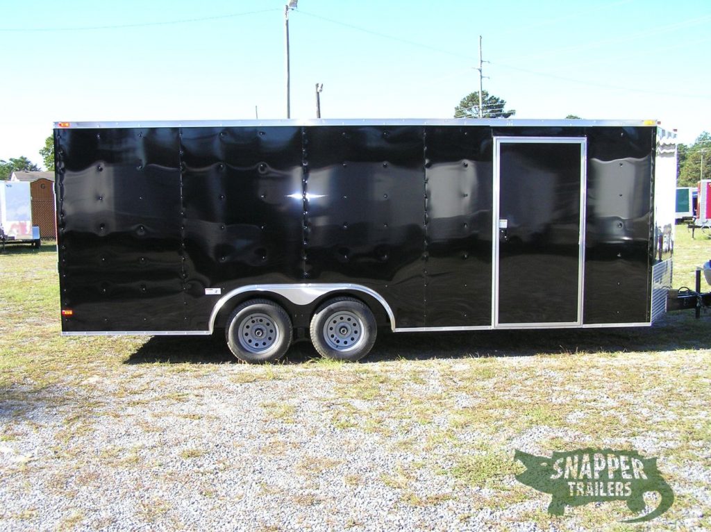 8.5×20 TA Trailer – Black, Ramp, Side Door, +12 Height, Stab Jacks, One Piece Al Roof, ATP Trans ...